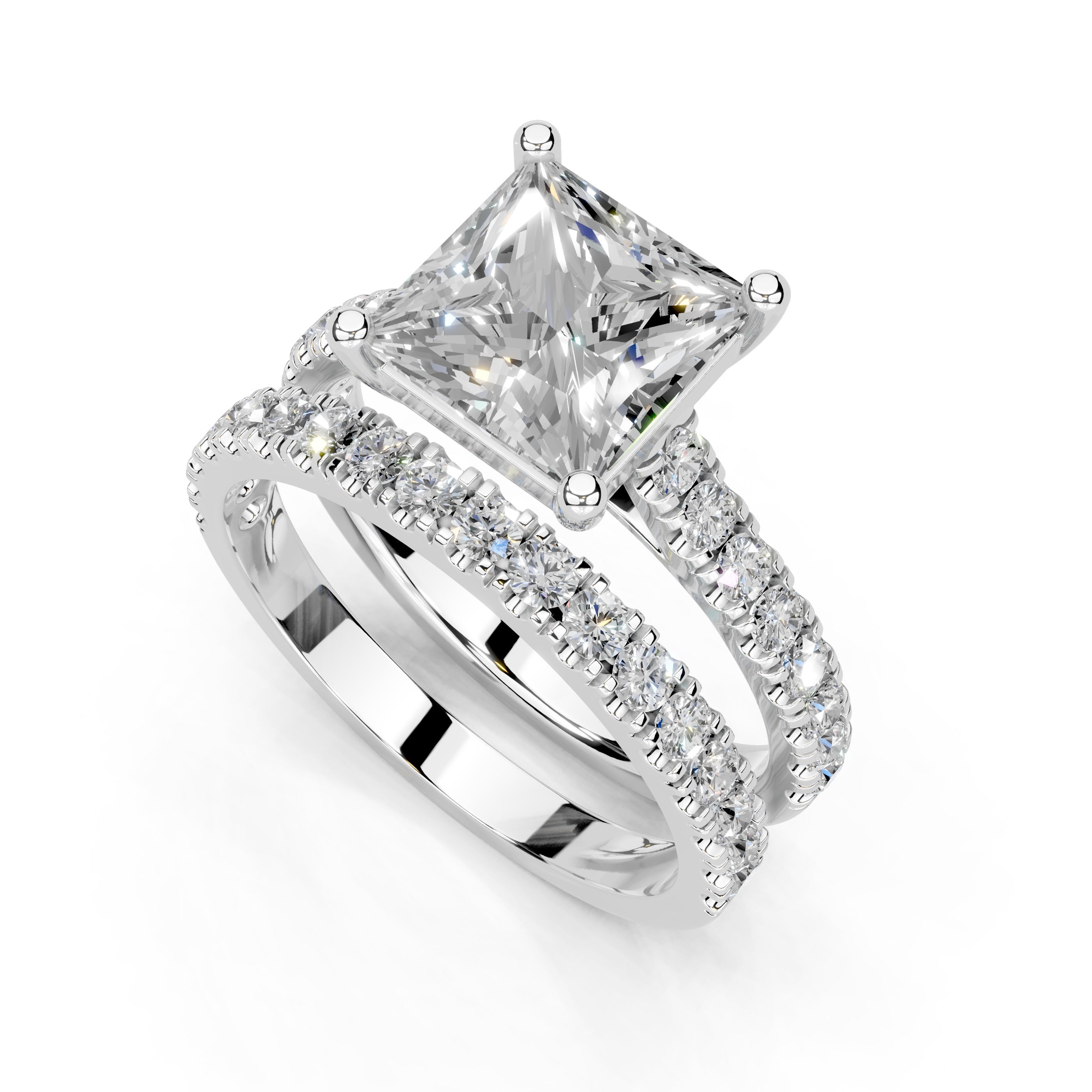Princess Cut Claw Prongs Double Row Pave Lab Grown Diamond Engagement ...