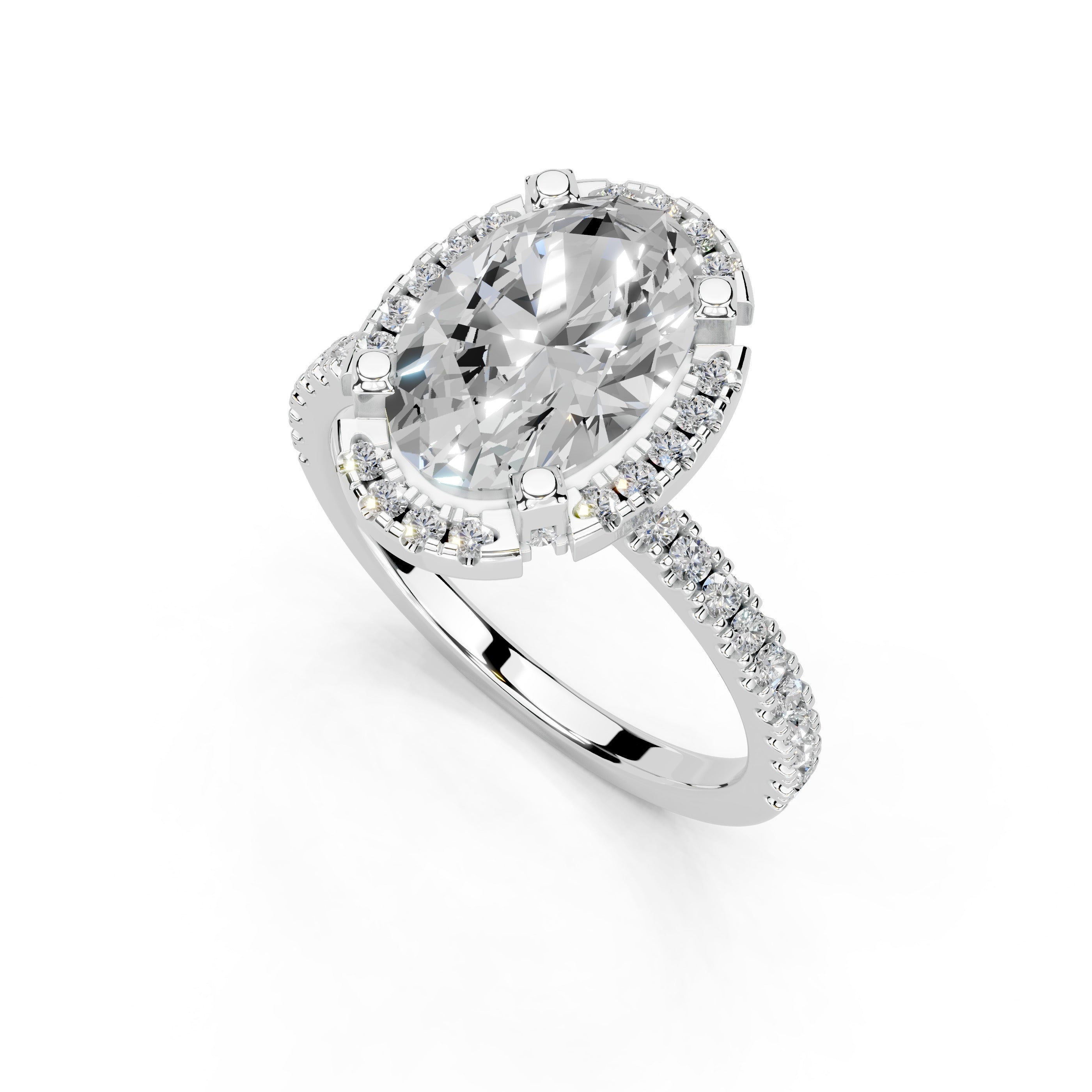 Oval Cut Pave Setting Halo Lab Grown Diamond Engagement Ring (1.6 mm w ...