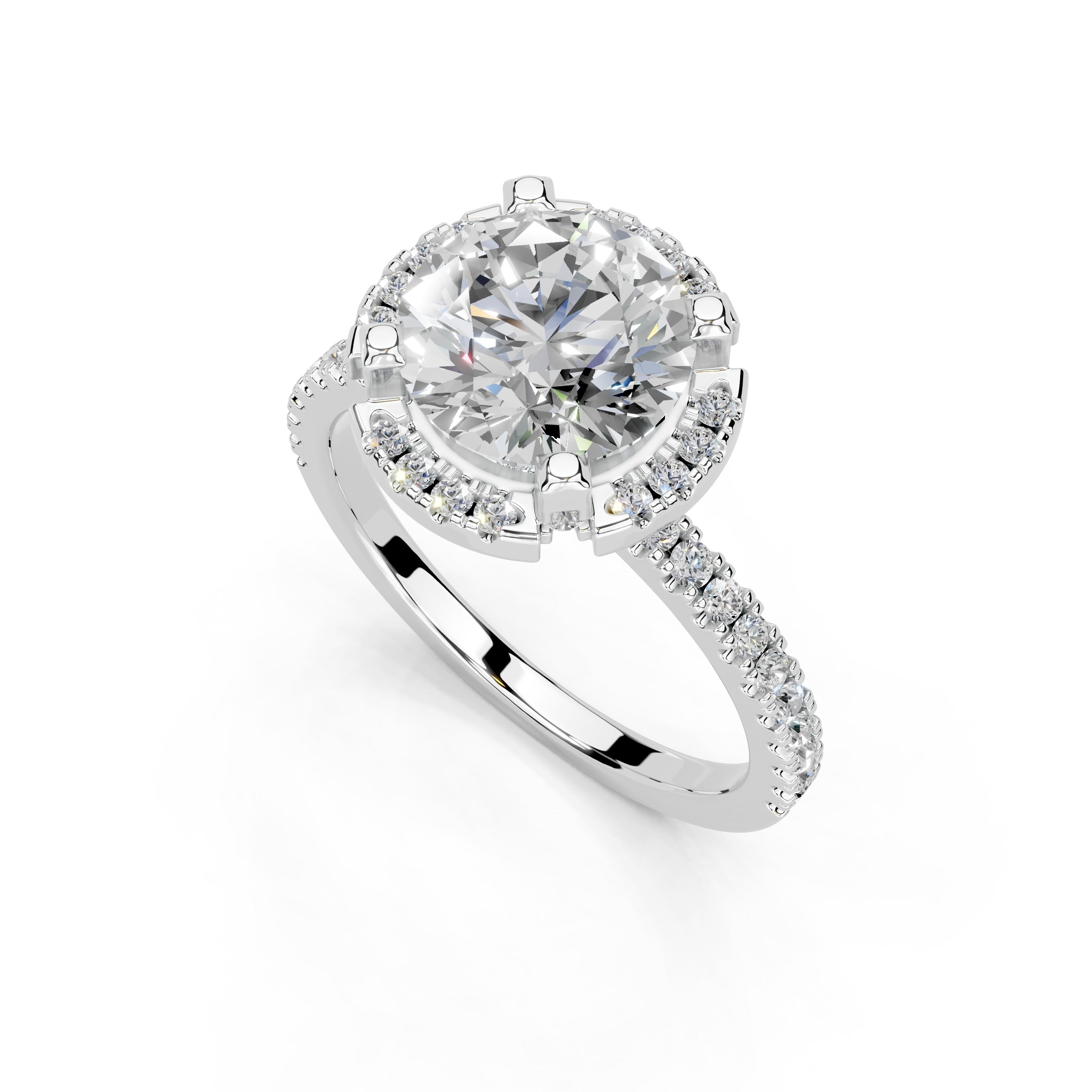 Round Cut Pave Setting Halo Lab Grown Diamond Engagement Ring (1.6 mm ...